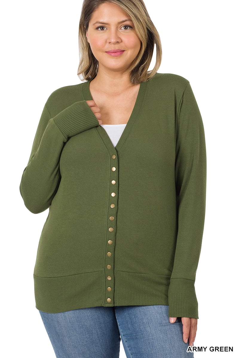 Zenana Plus Size Classic Front V-Neck Thin Snap Button Down Long Sleeve ...