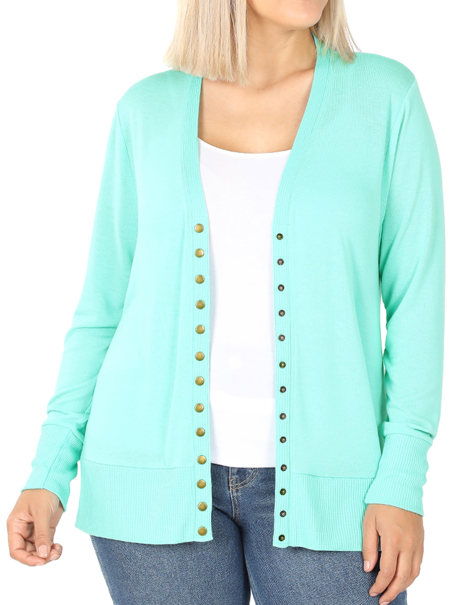 Zenana Plus Size Classic Front V-Neck Thin Snap Button Down Long Sleeve ...