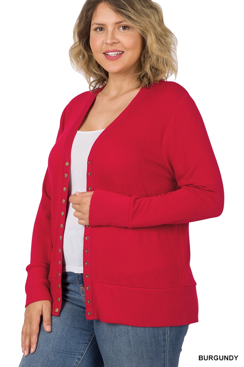 Zenana Plus Size Classic Front V-Neck Thin Snap Button Down Long Sleeve ...
