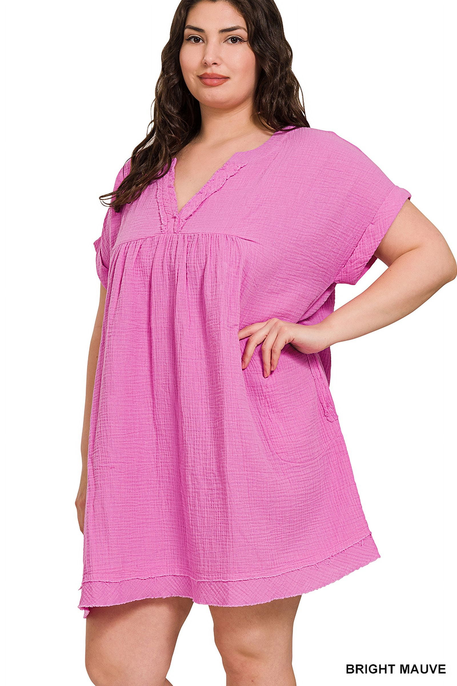 Zenana Plus Size Relaxed Fit Gauge Rolled Short Sleeve Raw Edge Mini V ...