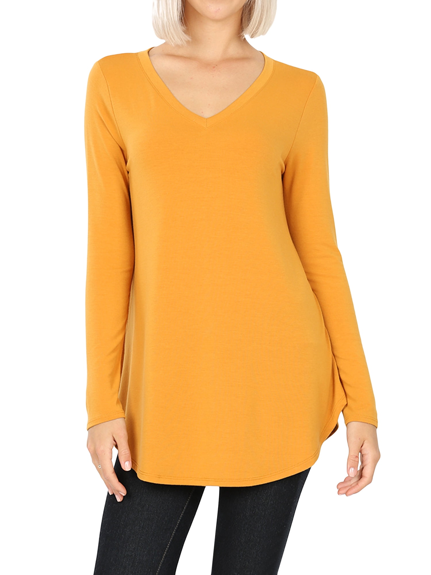 Zenana Plus Size Relaxed Fit Long Sleeve V-Neck Round Hem Jersey Tee ...
