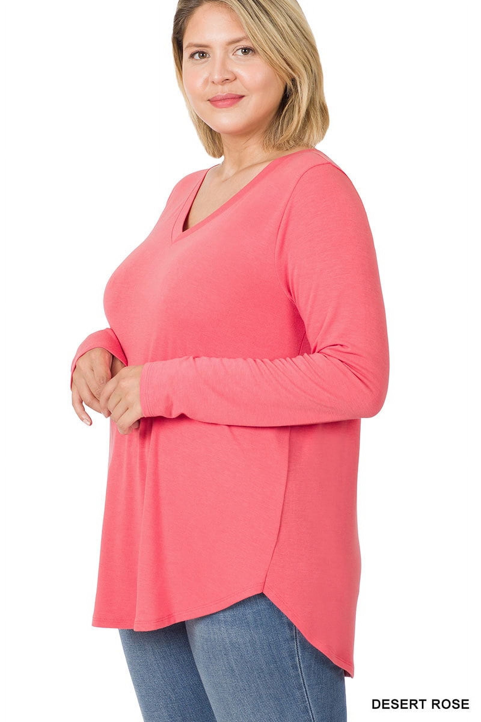 Zenana Plus Size Relaxed Fit Long Sleeve V-Neck Round Hem Jersey Tee ...