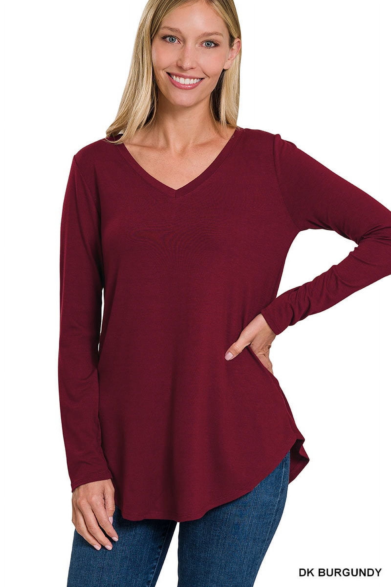 Zenana Plus Size Relaxed Fit Long Sleeve V-Neck Round Hem Jersey Tee ...