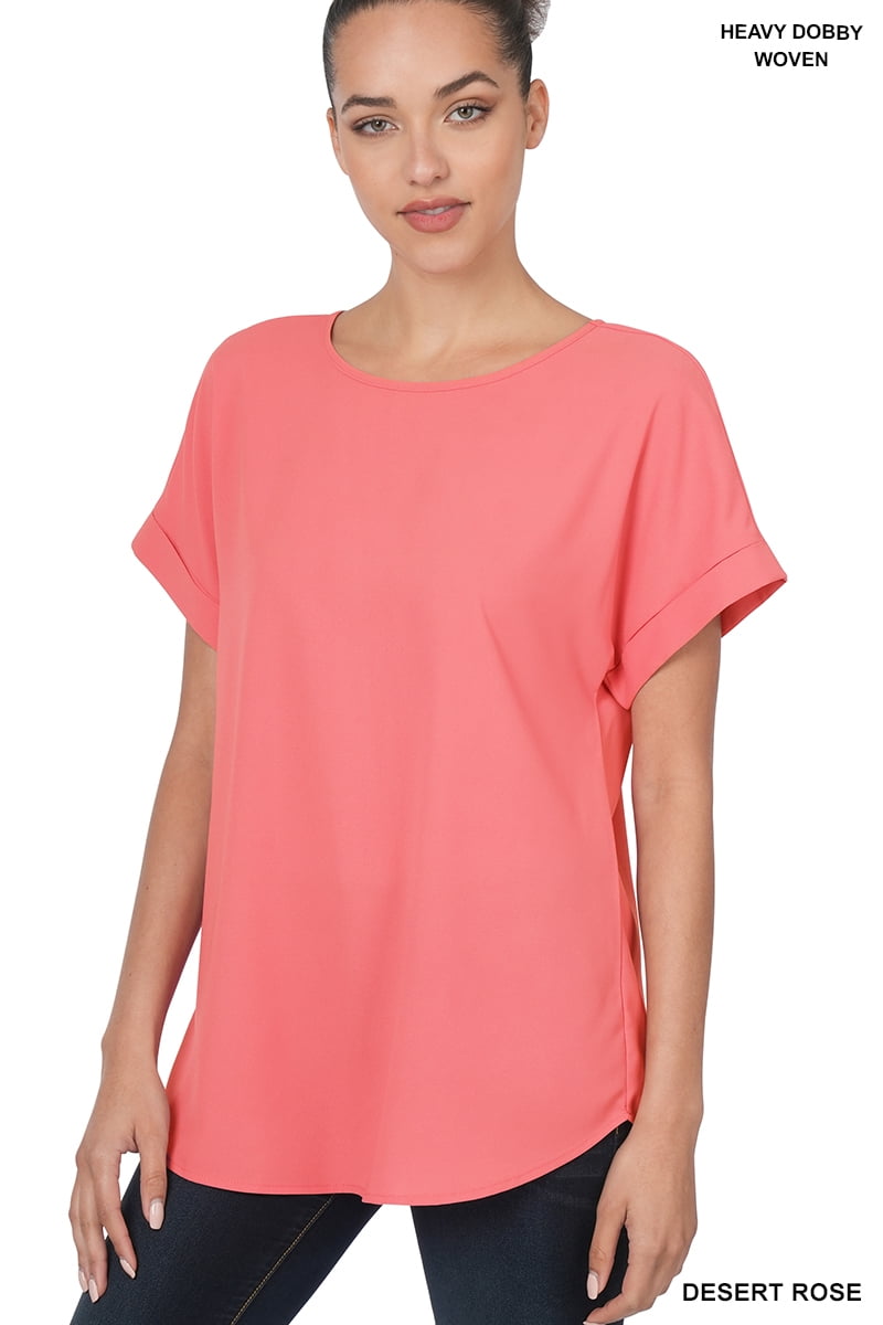 Zenana Plus Size Round Neck Heavy Woven Boat Neck Rolled Short Sleeve ...