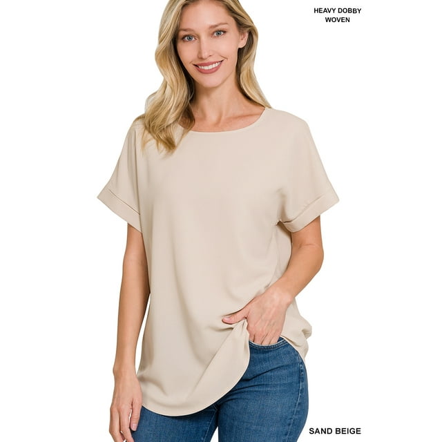 Zenana Plus Size Round Neck Heavy Woven Boat Neck Rolled Short Sleeve ...