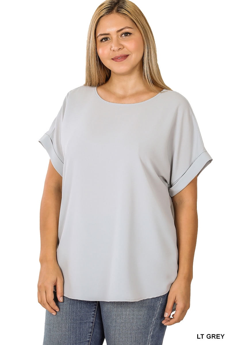 Zenana Plus Size Round Neck Heavy Woven Boat Neck Rolled Short Sleeve ...