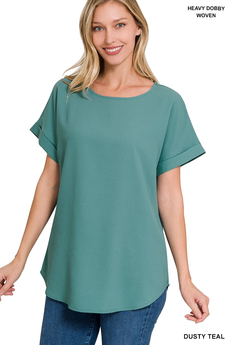 Zenana Plus Size Round Neck Heavy Woven Boat Neck Rolled Short Sleeve ...