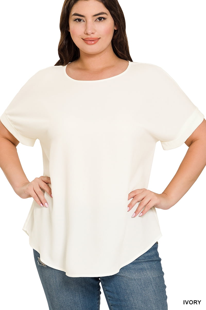 Zenana Plus Size Round Neck Heavy Woven Boat Neck Rolled Short Sleeve ...