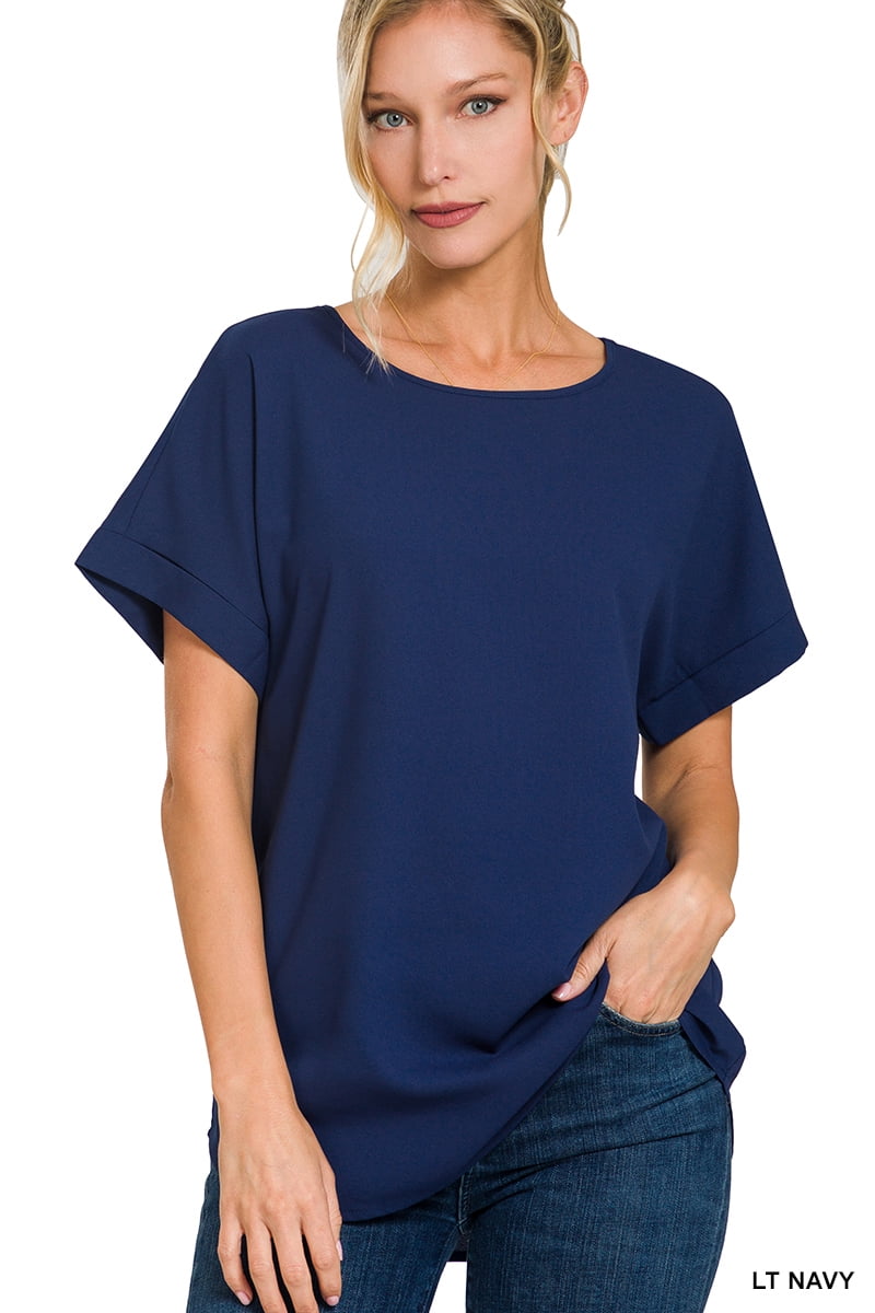Zenana Plus Size Round Neck Heavy Woven Boat Neck Rolled Short Sleeve Blouse Top - Walmart.com