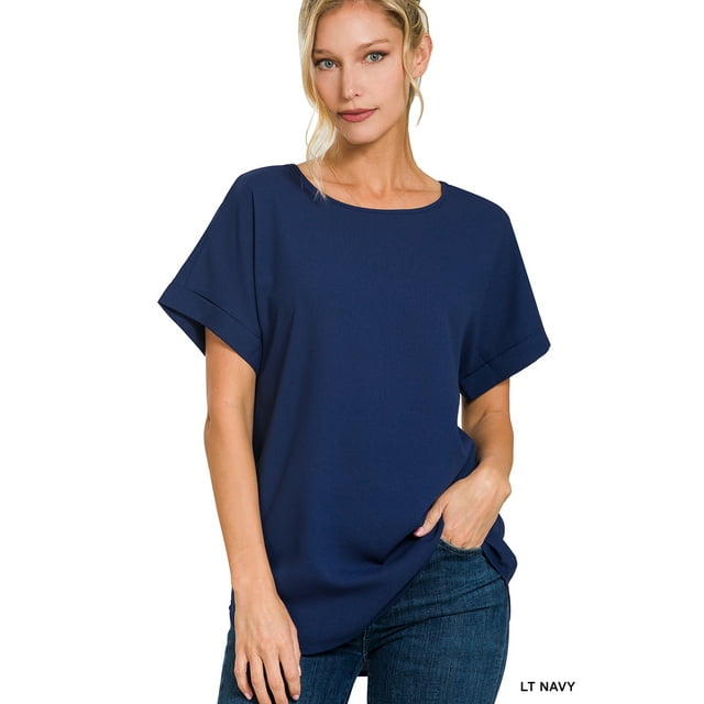 Zenana Plus Size Round Neck Heavy Woven Boat Neck Rolled Short Sleeve ...