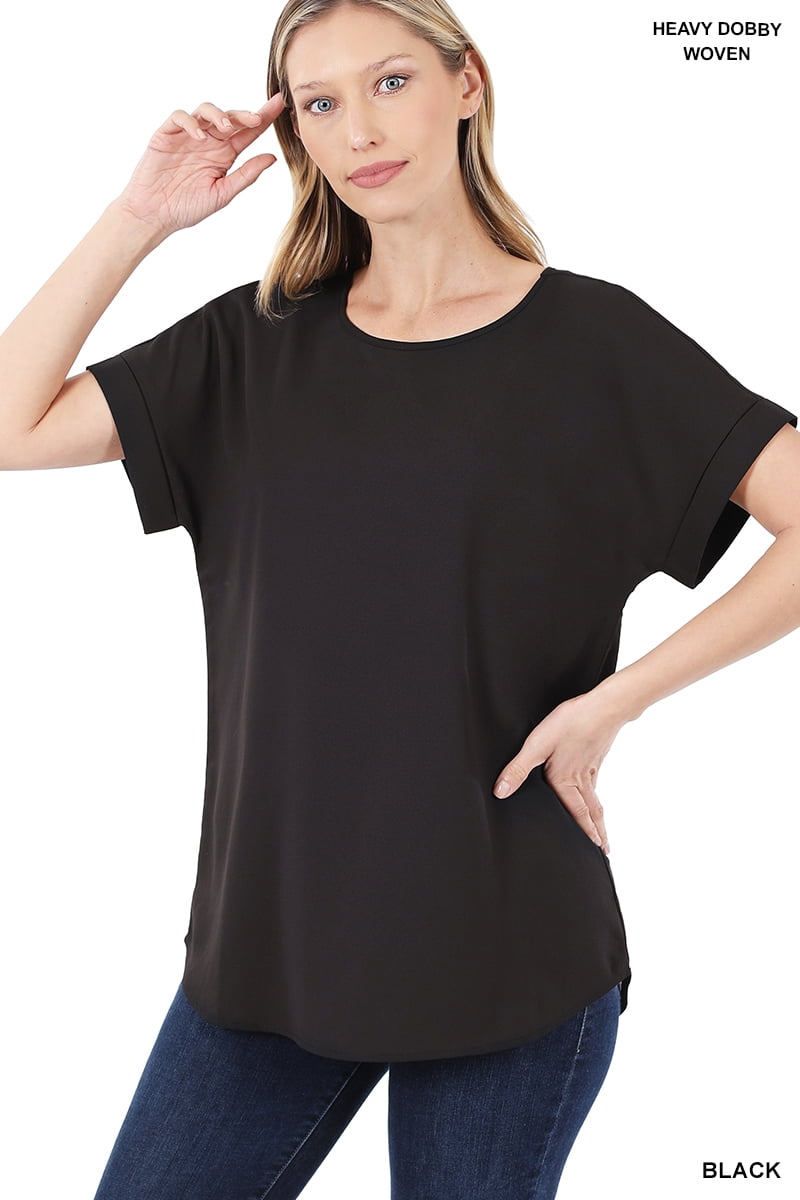 Zenana Plus Size Round Neck Heavy Woven Boat Neck Rolled Short Sleeve ...
