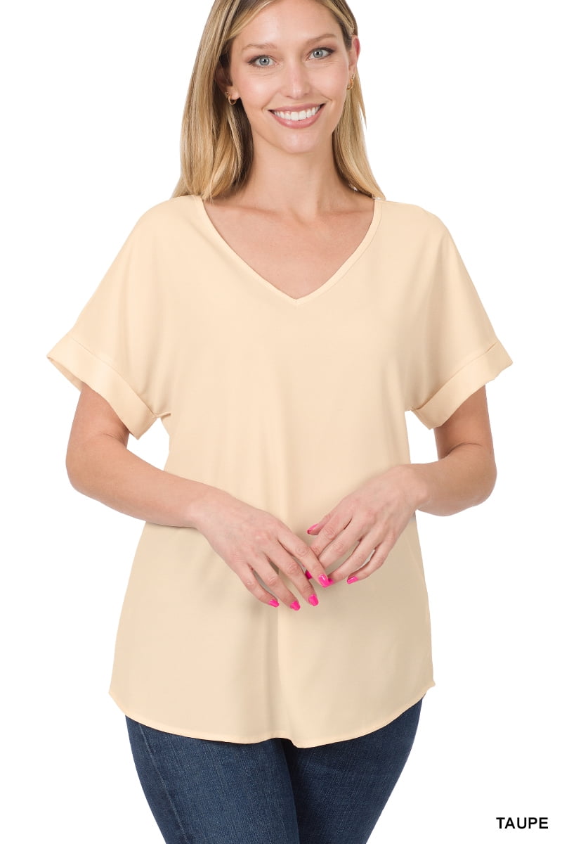 Zenana Plus Size V-Neck Heavy Dobby Boat Neck Rolled Short Sleeve ...
