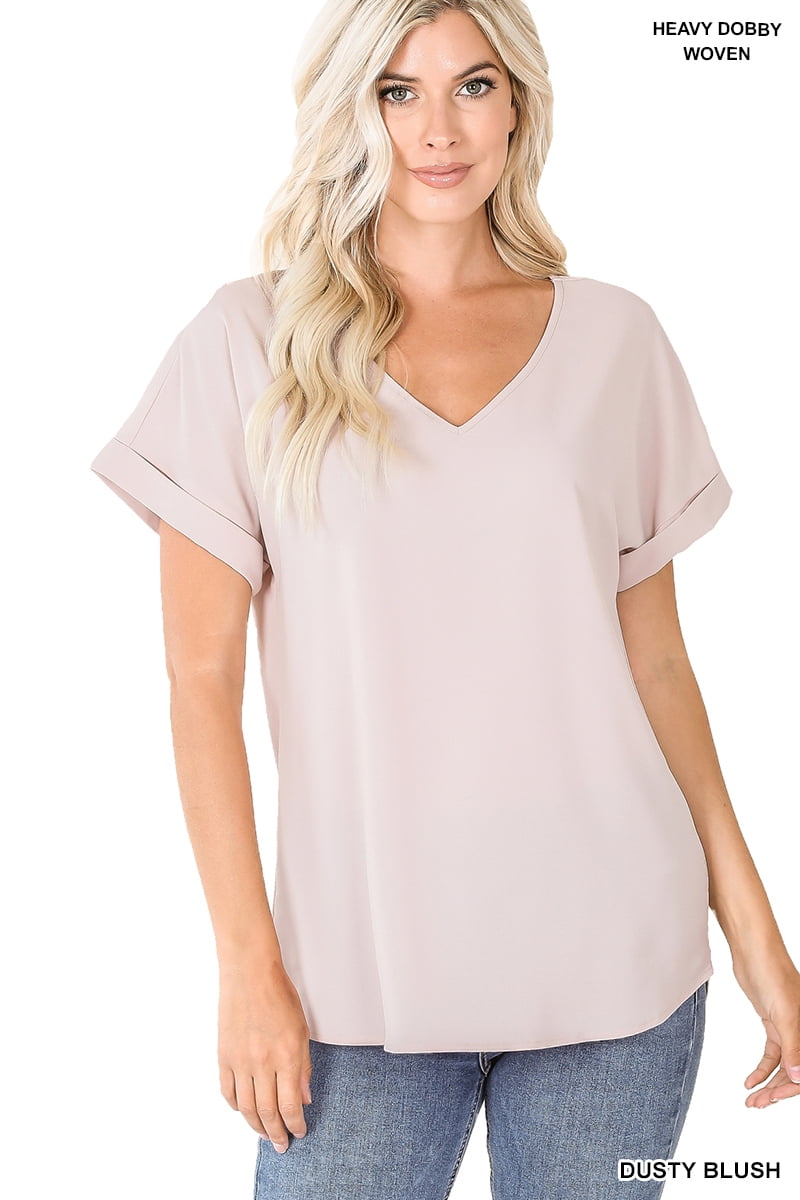 Zenana Plus Size V Neck Heavy Dobby Boat Neck Rolled Short Sleeve
