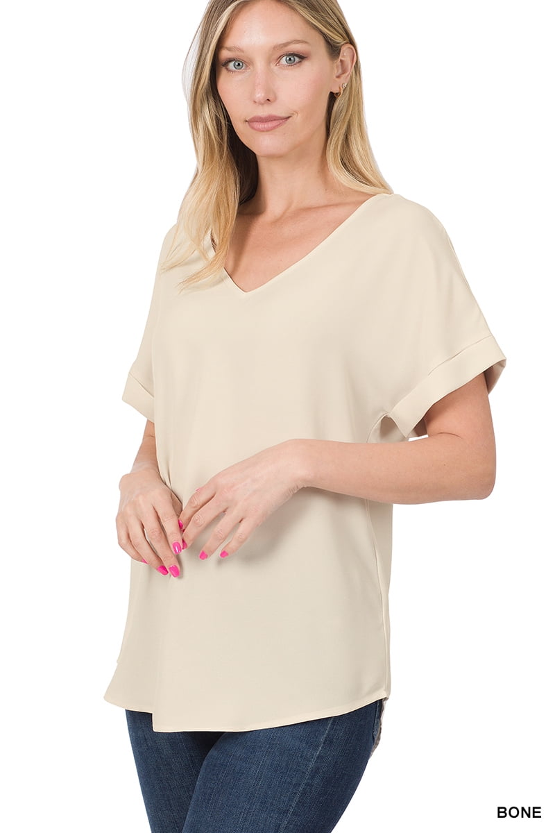 Zenana Plus Size V-Neck Heavy Dobby Boat Neck Rolled Short Sleeve ...