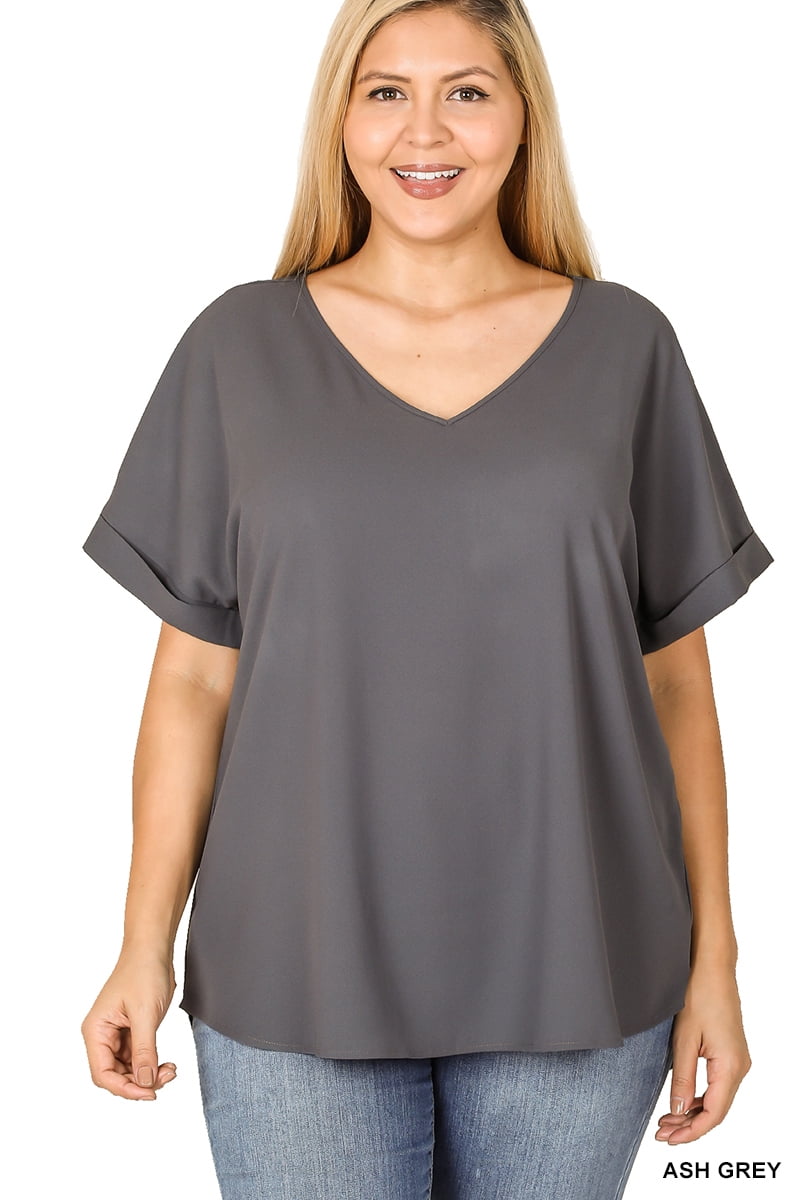 Zenana Plus Size V-Neck Heavy Dobby Boat Neck Rolled Short Sleeve ...