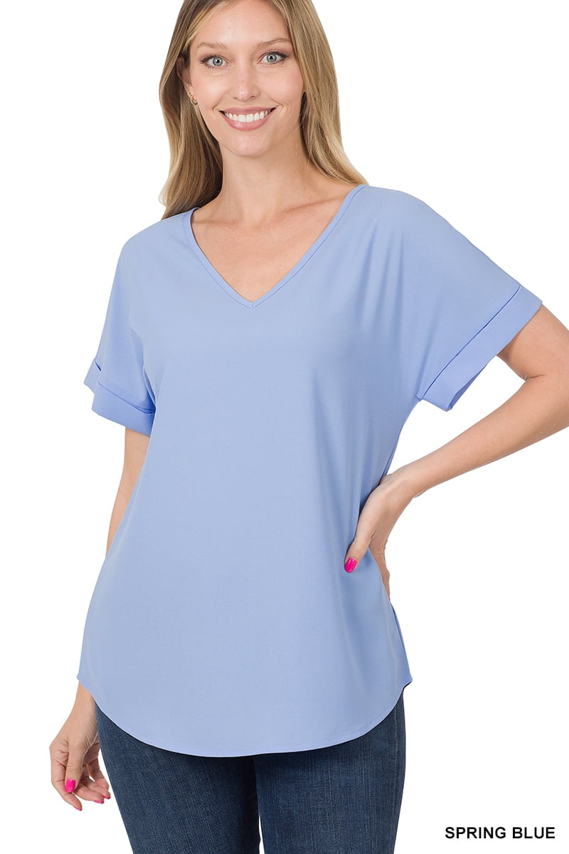 Zenana Plus Size V-Neck Heavy Dobby Boat Neck Rolled Short Sleeve Blouse Top - Walmart.com