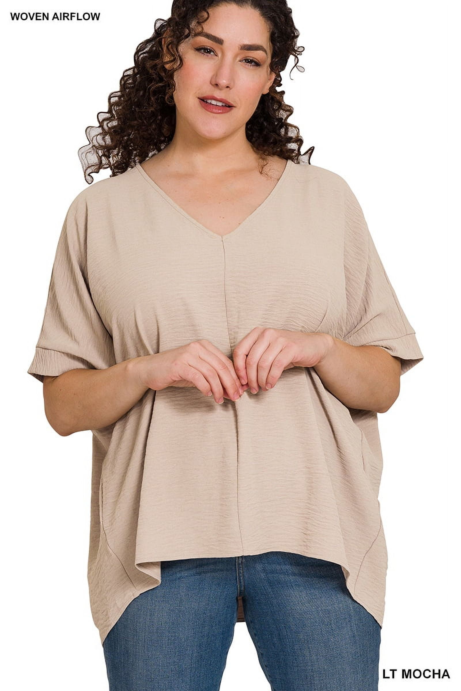 Zenana Plus Size V Neck Woven Airflow Dolman Short Sleeve Hi-Low Blouse ...
