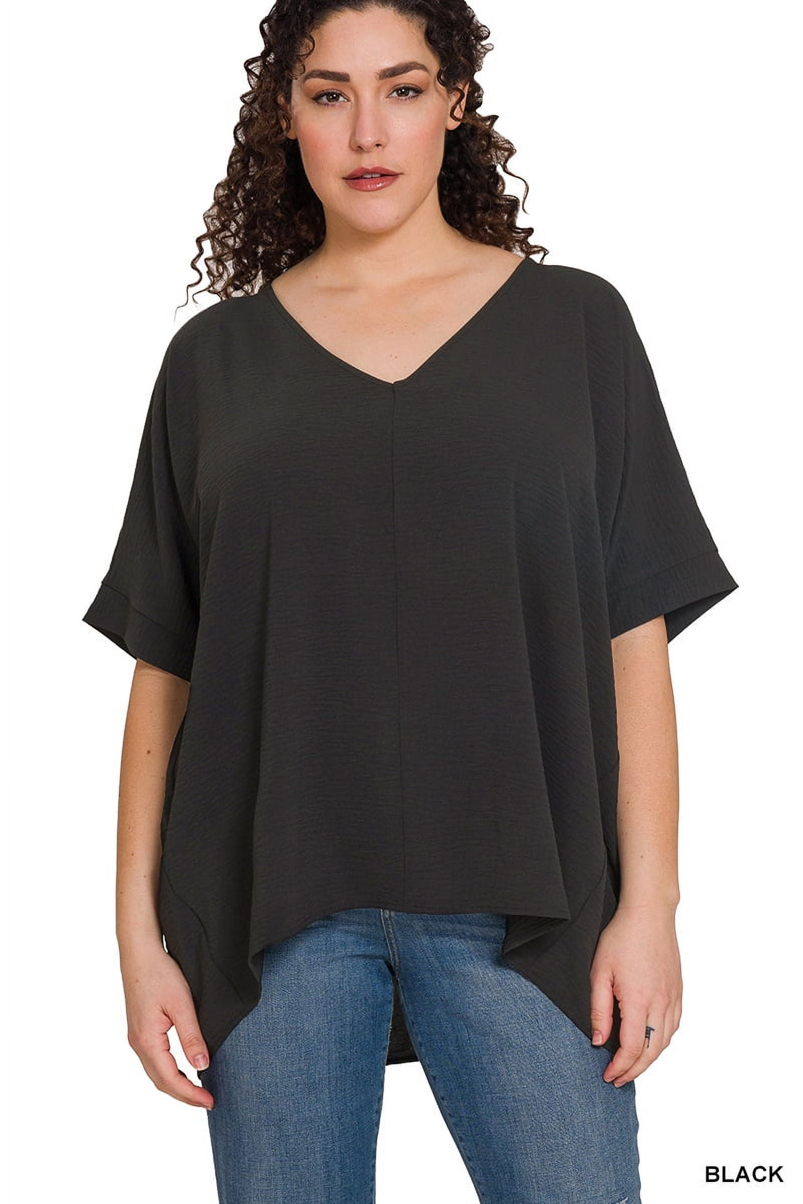 Zenana Plus Size V Neck Woven Airflow Dolman Short Sleeve Hi-Low Blouse ...
