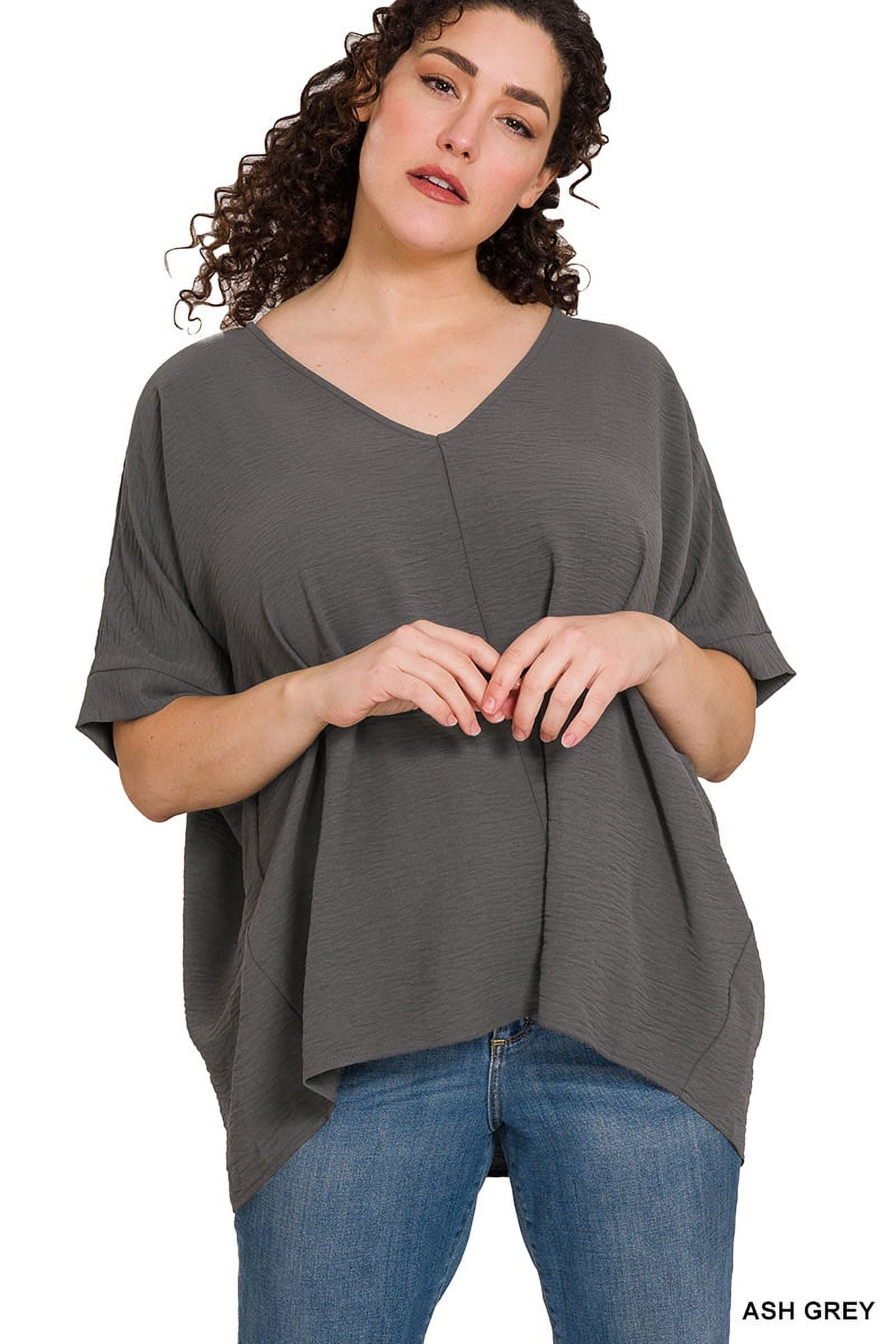 Zenana Plus Size V Neck Woven Airflow Dolman Short Sleeve Hi-Low Blouse ...