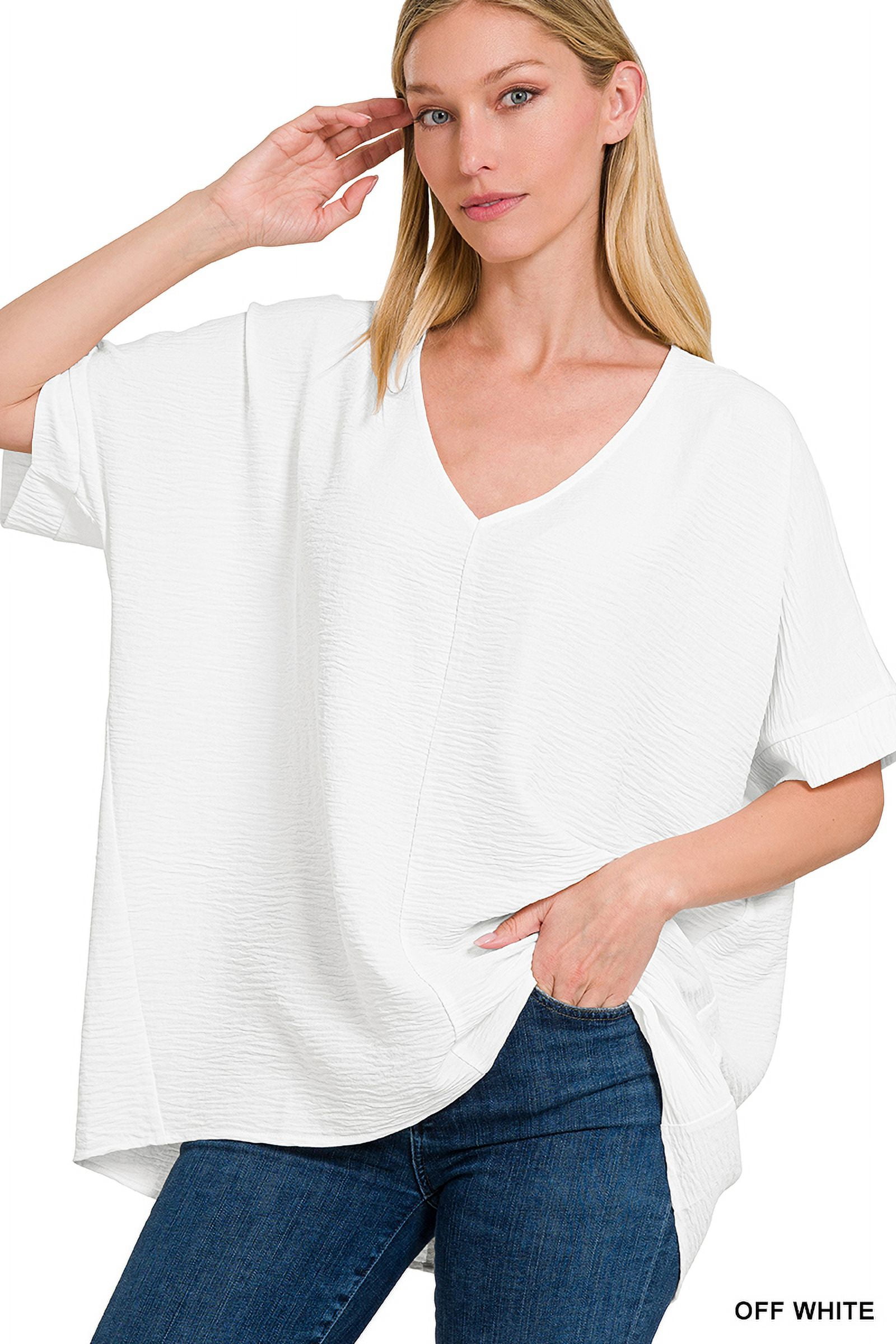 Zenana Plus Size V Neck Woven Airflow Dolman Short Sleeve Hi-Low Blouse ...