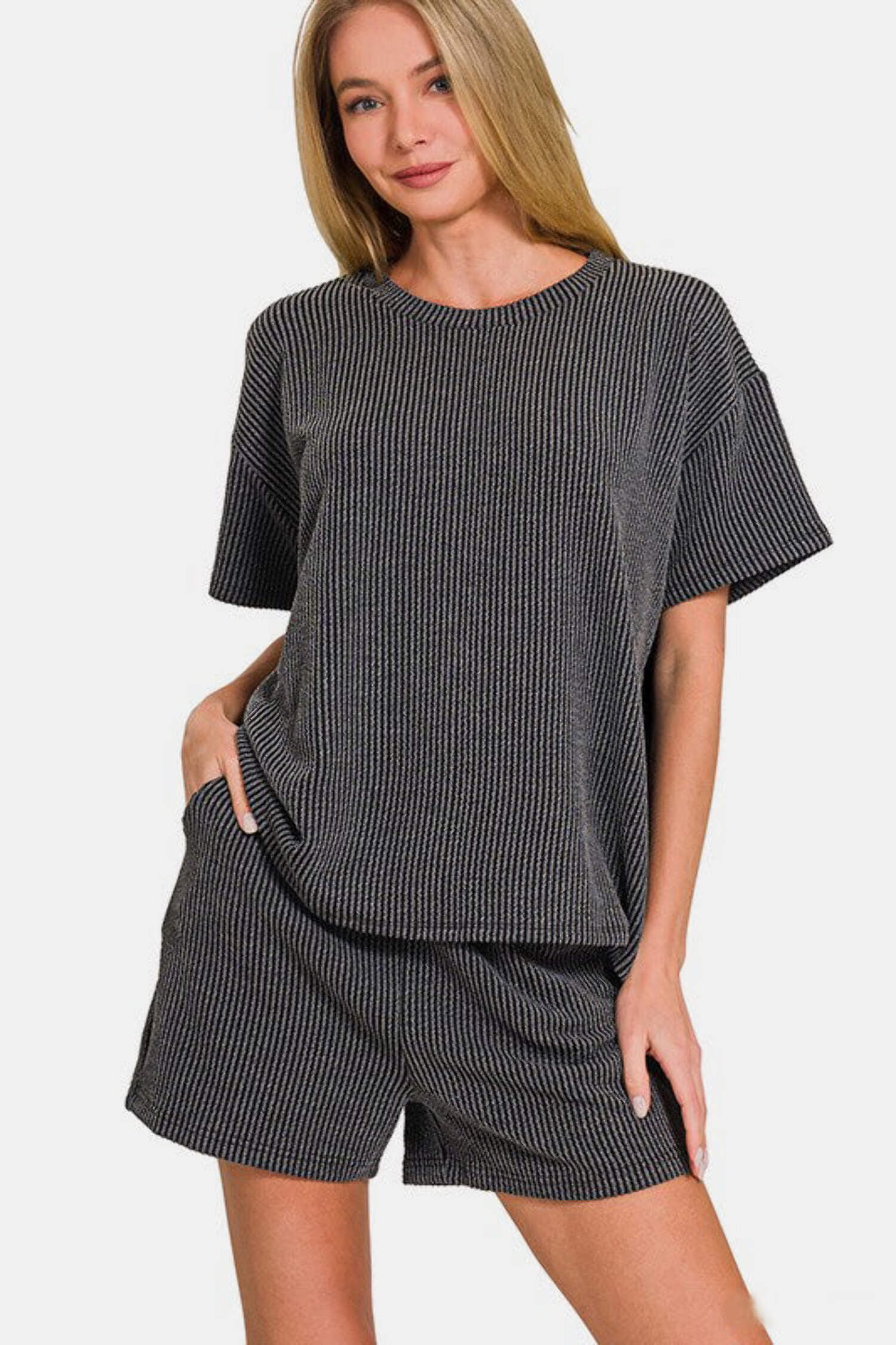 Zenana Rib Short Sleeve T-Shirt and Shorts Set - Walmart.com