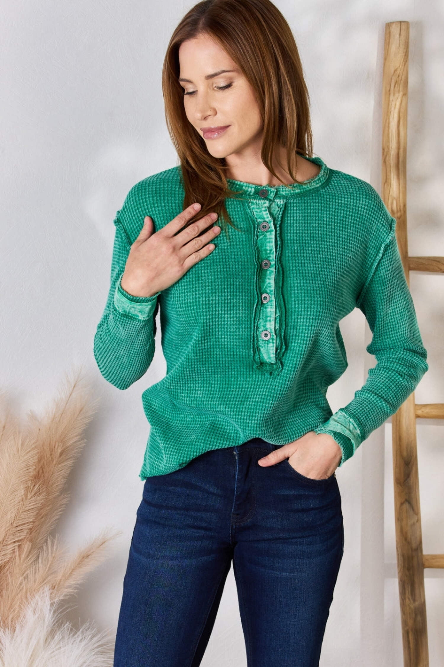Zenana Washed Half Button Exposed Seam Waffle Top - Walmart.com