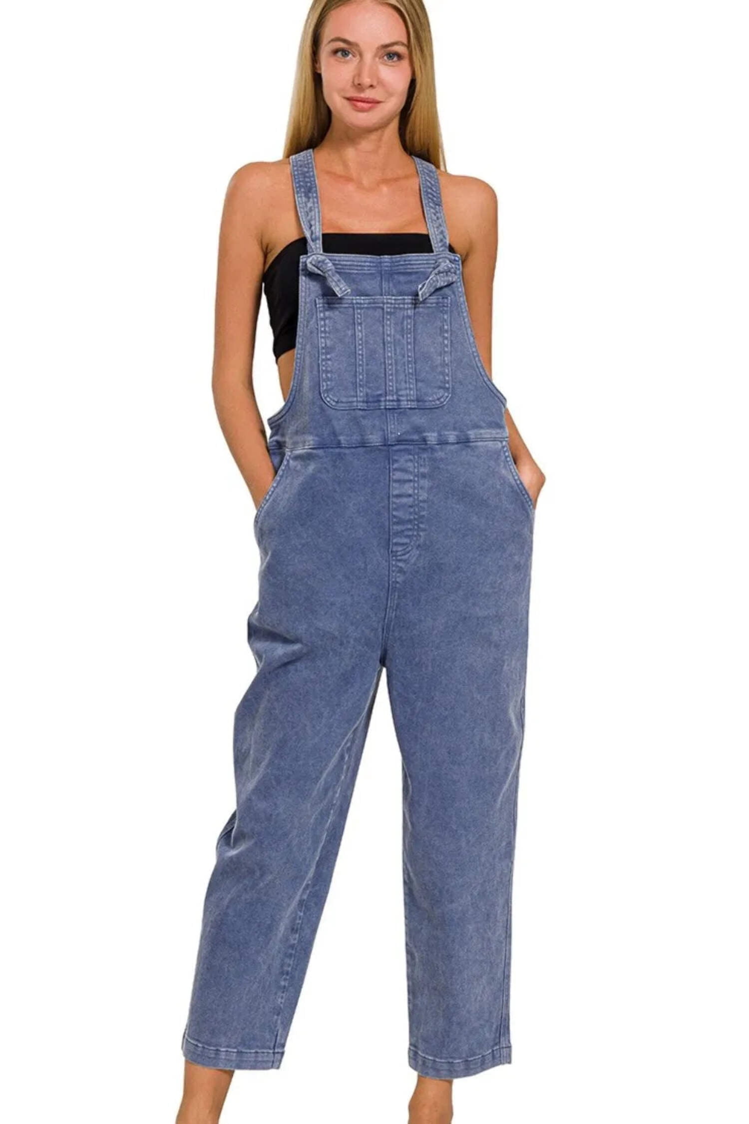Zenana Washed Knot Strap Relaxed Fit Overalls - Walmart.com