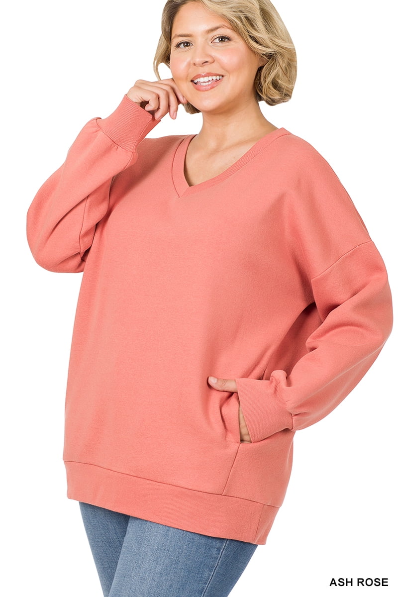 Zenana Women & Plus Basic Relaxed Long Sleeve V-Neck Sweatshirts w/Side ...