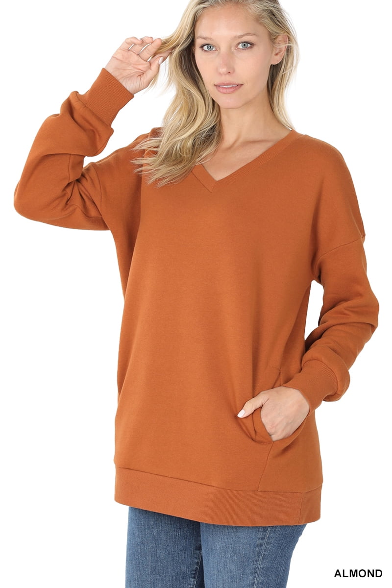 Zenana Women & Plus Basic Relaxed Long Sleeve V-Neck Sweatshirts w/Side ...