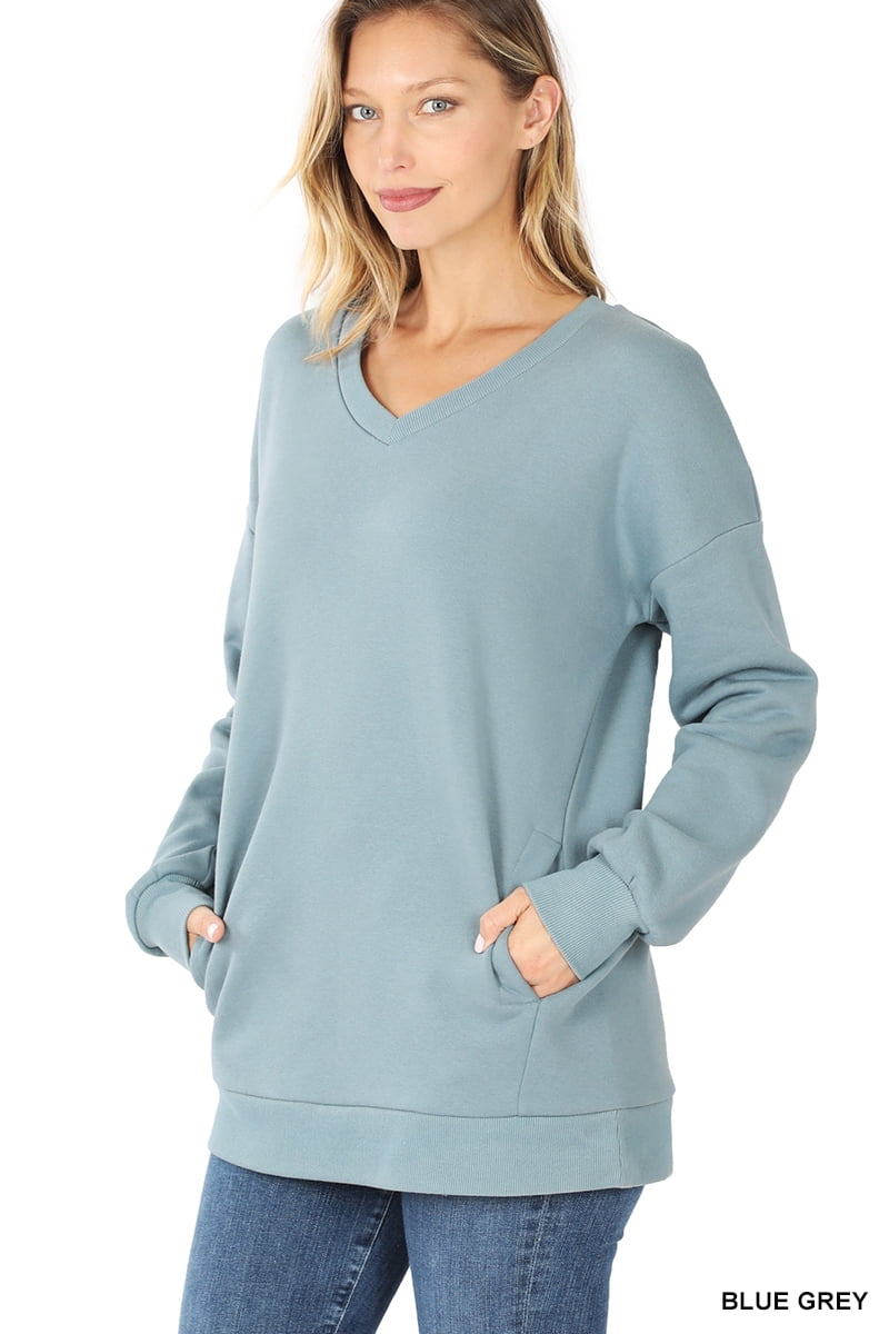 Zenana Women & Plus Basic Relaxed Long Sleeve V-Neck Sweatshirts w/Side ...