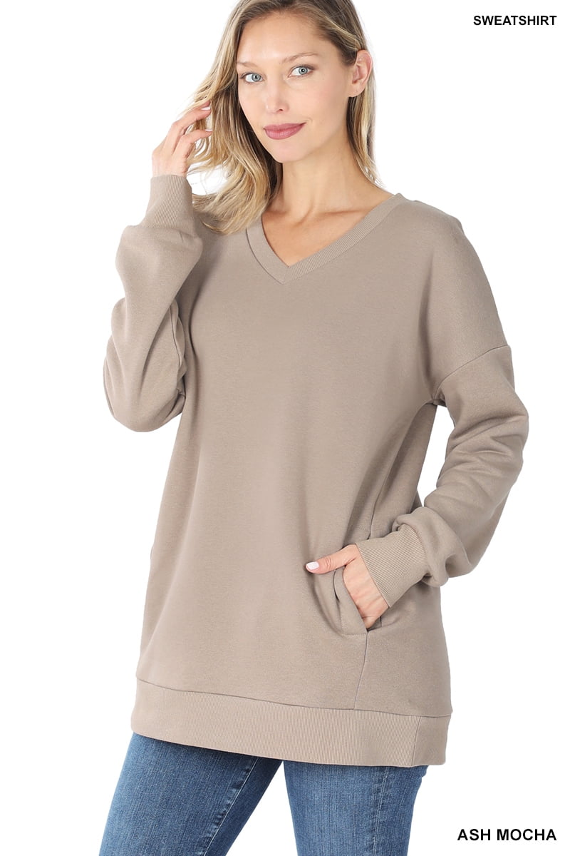 Zenana Women & Plus Basic Relaxed Long Sleeve V-Neck Sweatshirts w/Side ...