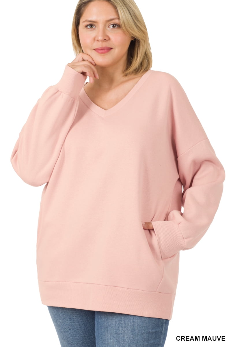Zenana Women & Plus Basic Relaxed Long Sleeve V-Neck Sweatshirts w/Side ...