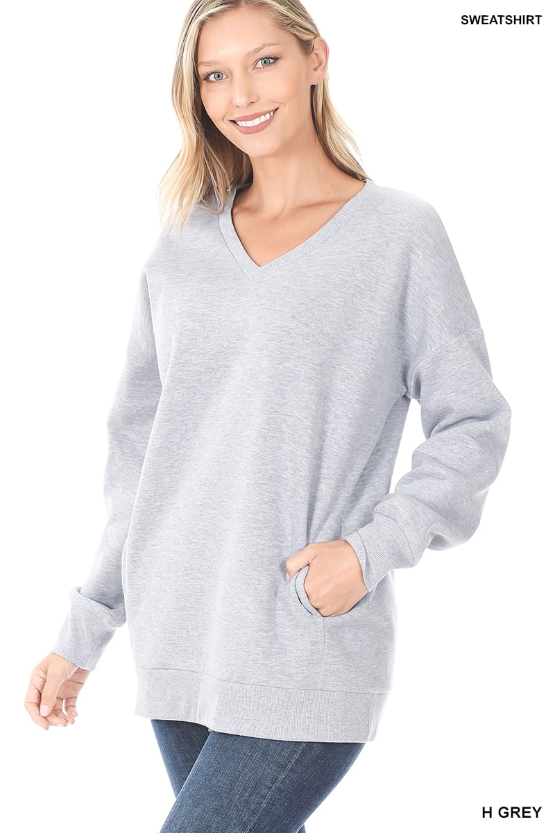 Zenana Women & Plus Basic Relaxed Long Sleeve V-Neck Sweatshirts w/Side ...