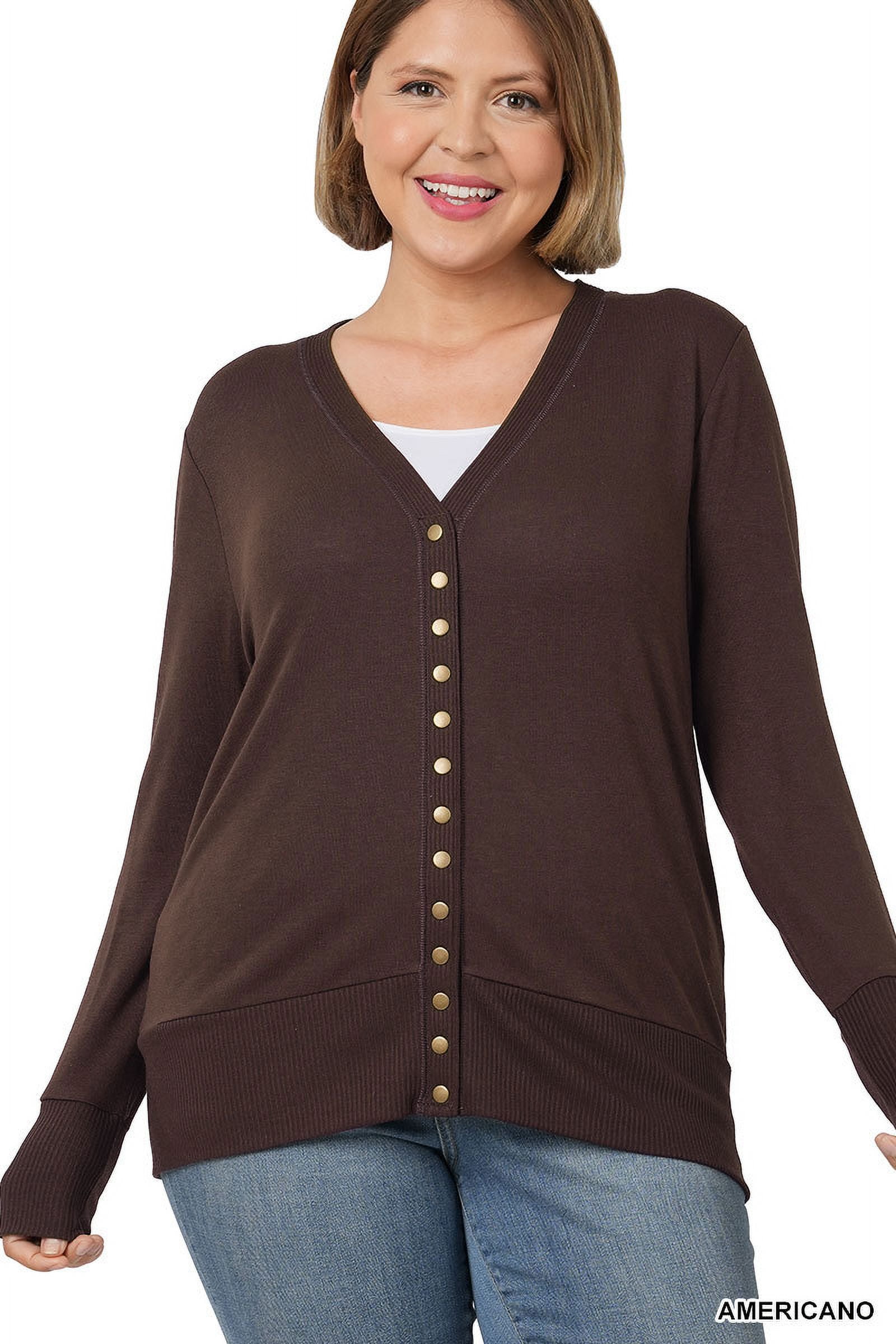 Zenana Plus Size Classic Front V-Neck Thin Snap Button Down Long Sleeve ...