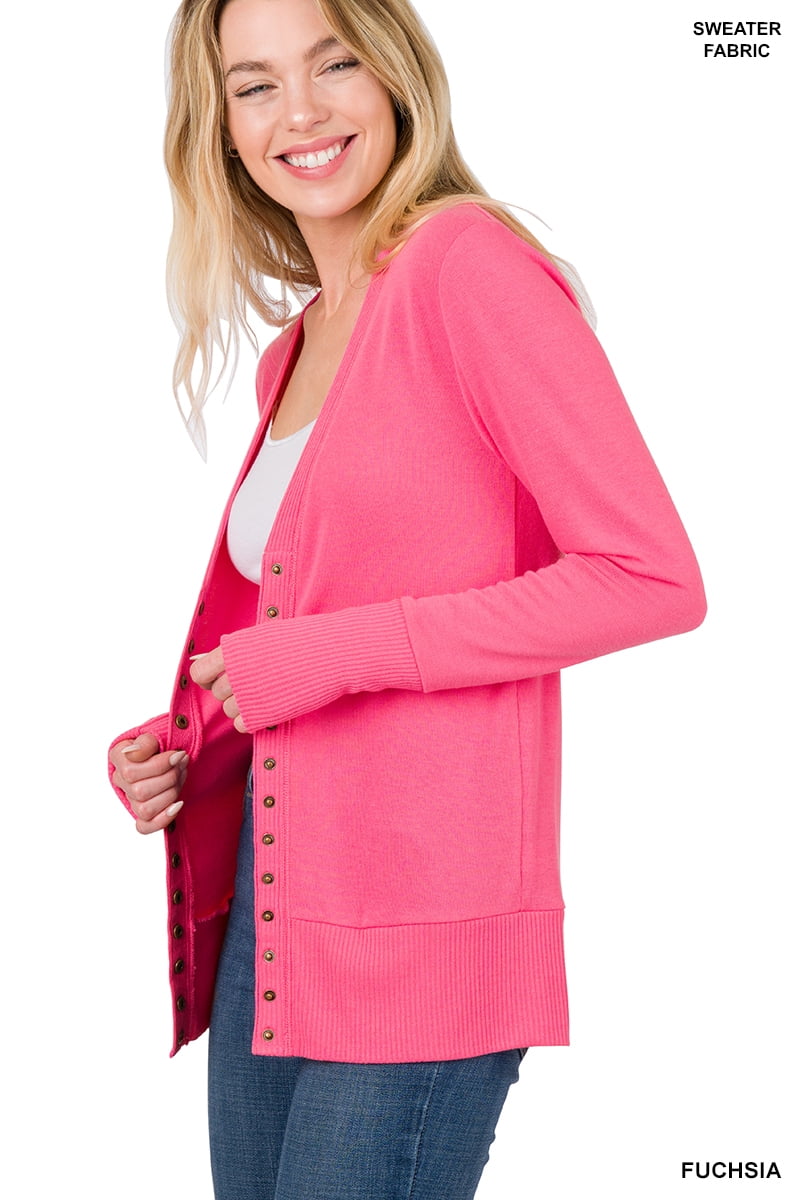 Zenana Women's Classic Front V-Neck Thin Snap Button Down Long Sleeve ...