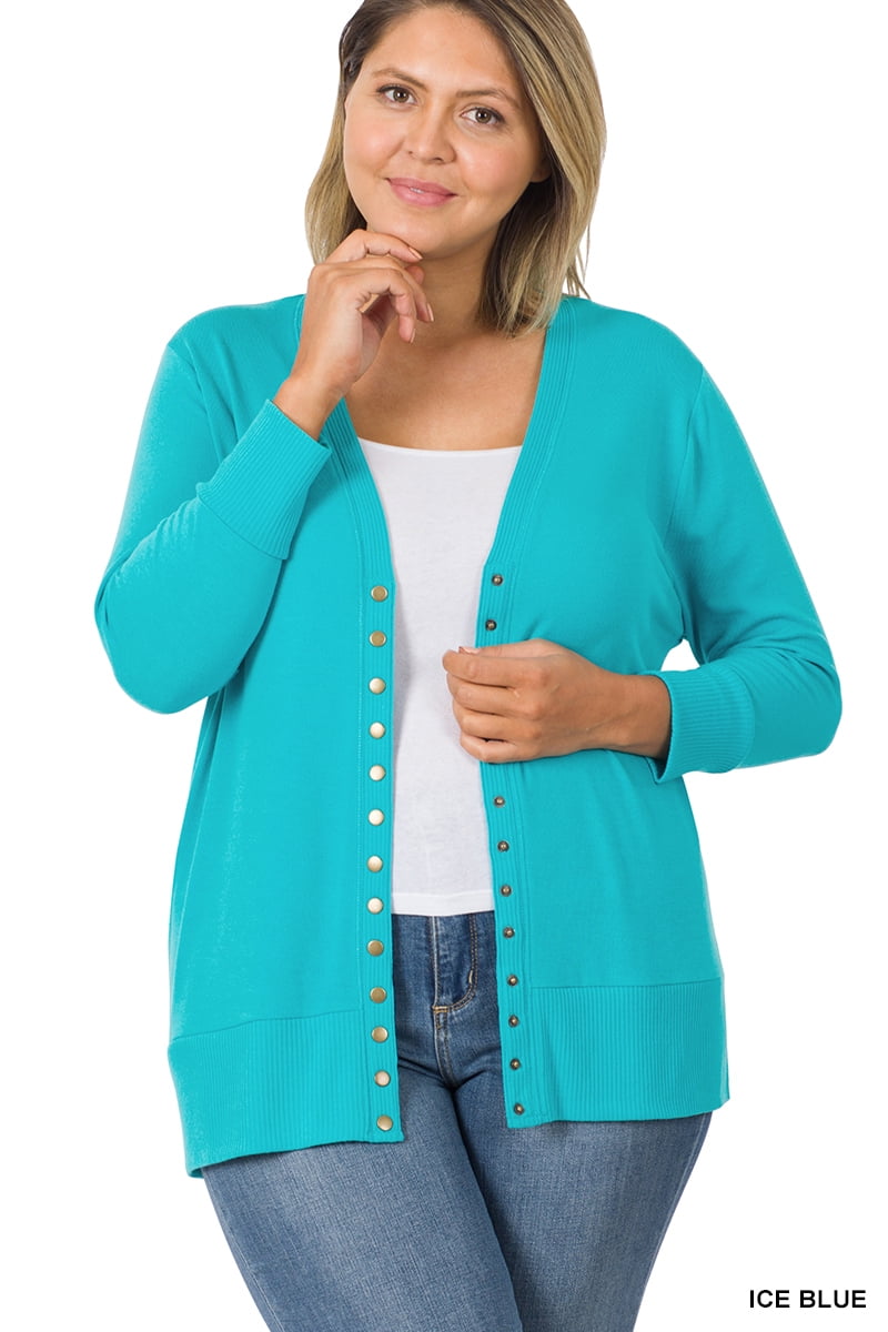 Zenana Women & Plus Front V-Neck Classic Thin Snap Button Down 3/4 ...