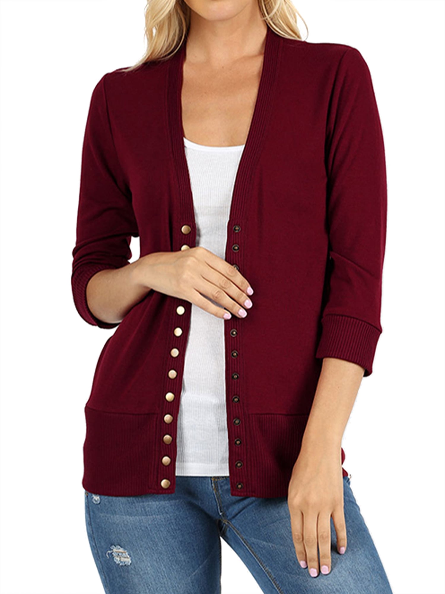 Zenana Women & Plus Front V-Neck Classic Thin Snap Button Down 3/4 ...