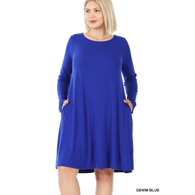 Zenana Women & Plus Long Sleeve Jersey Flared Swing T-Shirt Tunic Dress ...