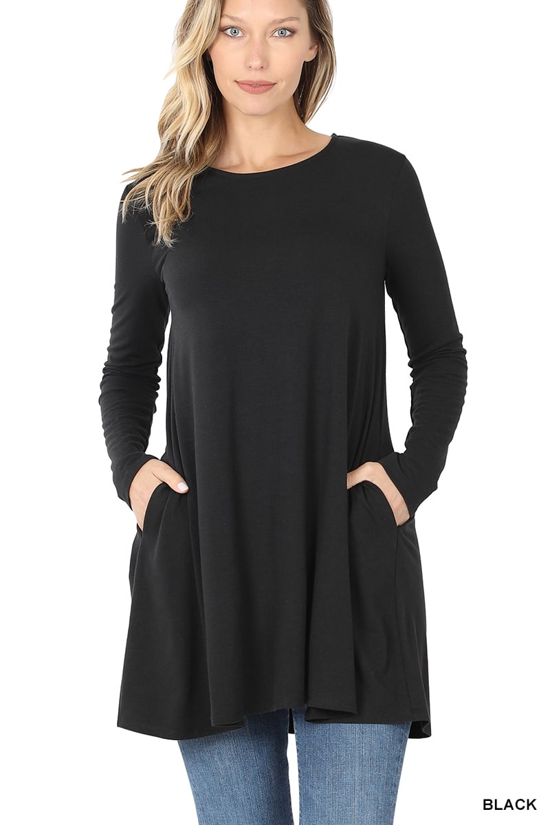 Zenana Women & Plus Long Sleeve Jersey Flared Tunic Top with Side ...