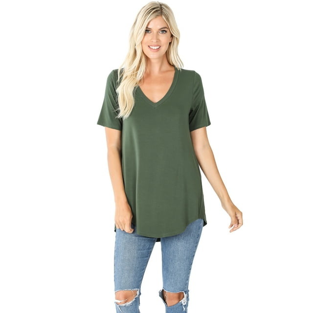 Zenana Women & Plus Luxe Rayon Short Sleeve V-Neck Hi-Low Hem Casual ...