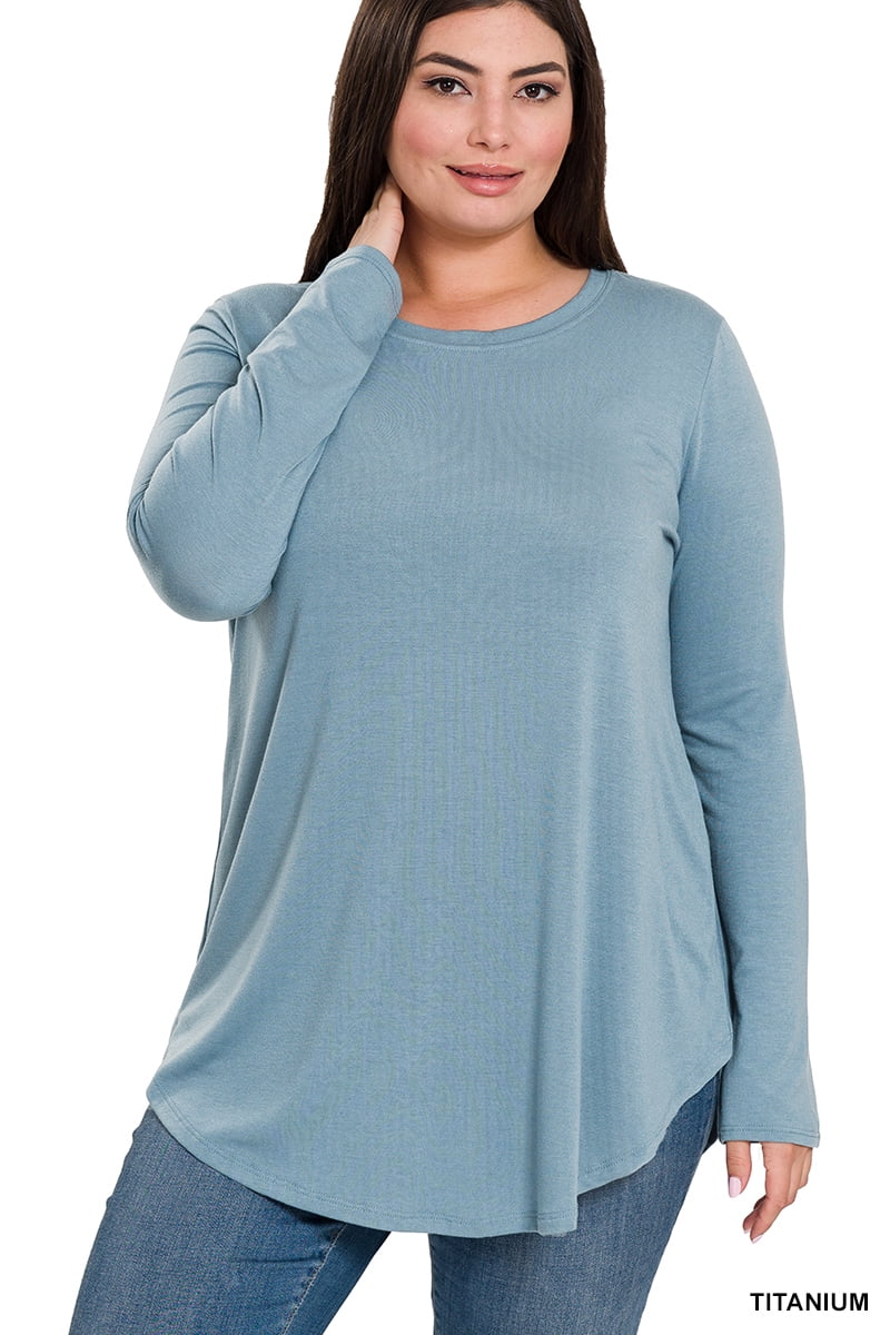 Zenana Plus Size Relaxed Fit Long Sleeve Round Neck & Hem Jersey Tee Shirt Top - Walmart.com