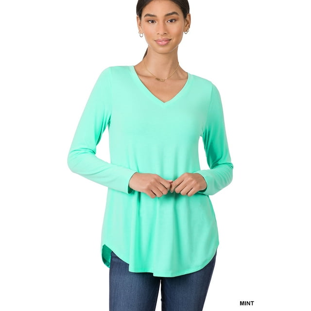 Zenana Women And Plus Relaxed Fit Long Sleeve V Neck Round Hem Jersey Tee