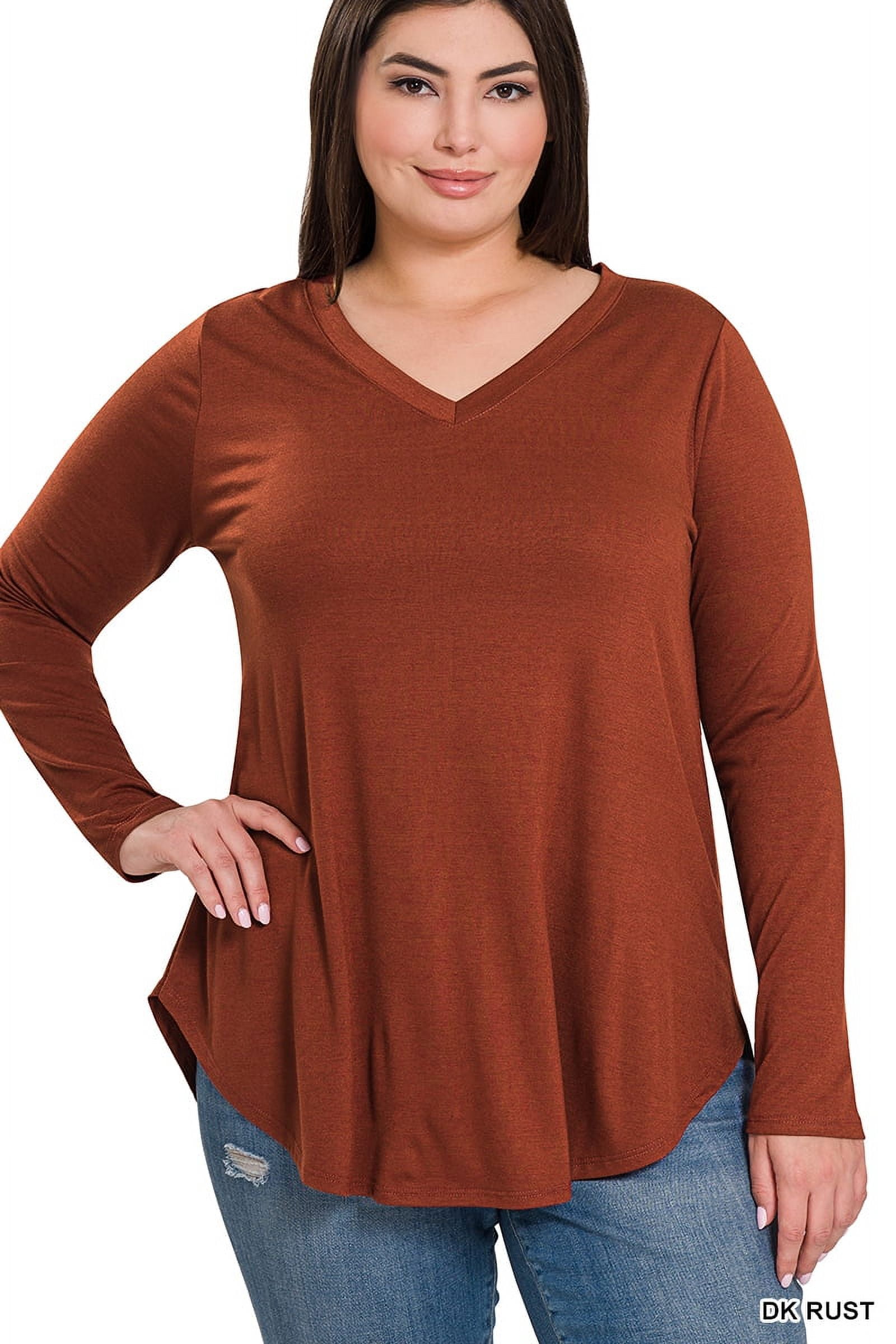 Zenana Women & Plus Relaxed Fit Long Sleeve V-Neck Round Hem Jersey Tee ...