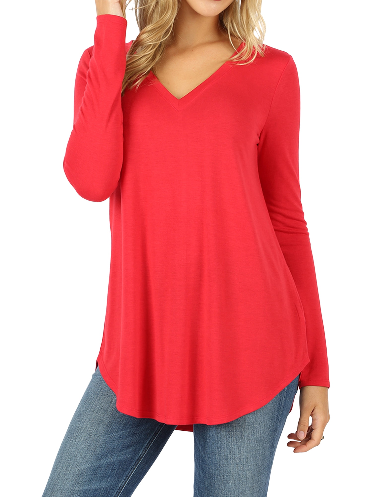 Zenana Women And Plus Relaxed Fit Long Sleeve V Neck Round Hem Jersey Tee