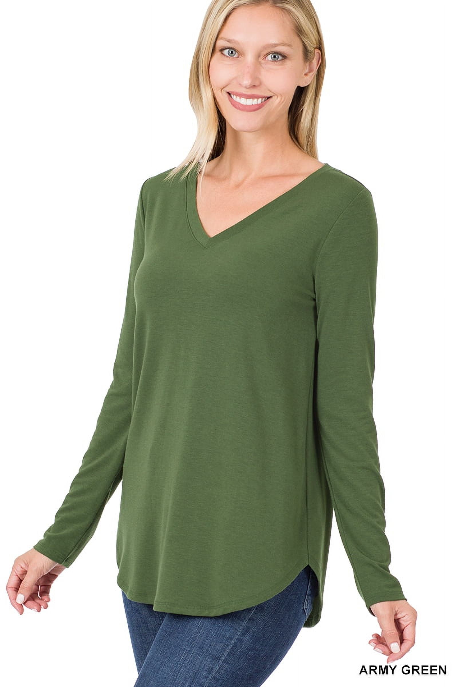 Zenana Women & Plus Relaxed Fit Long Sleeve V-Neck Round Hem Jersey Tee Shirt Top - Walmart.com