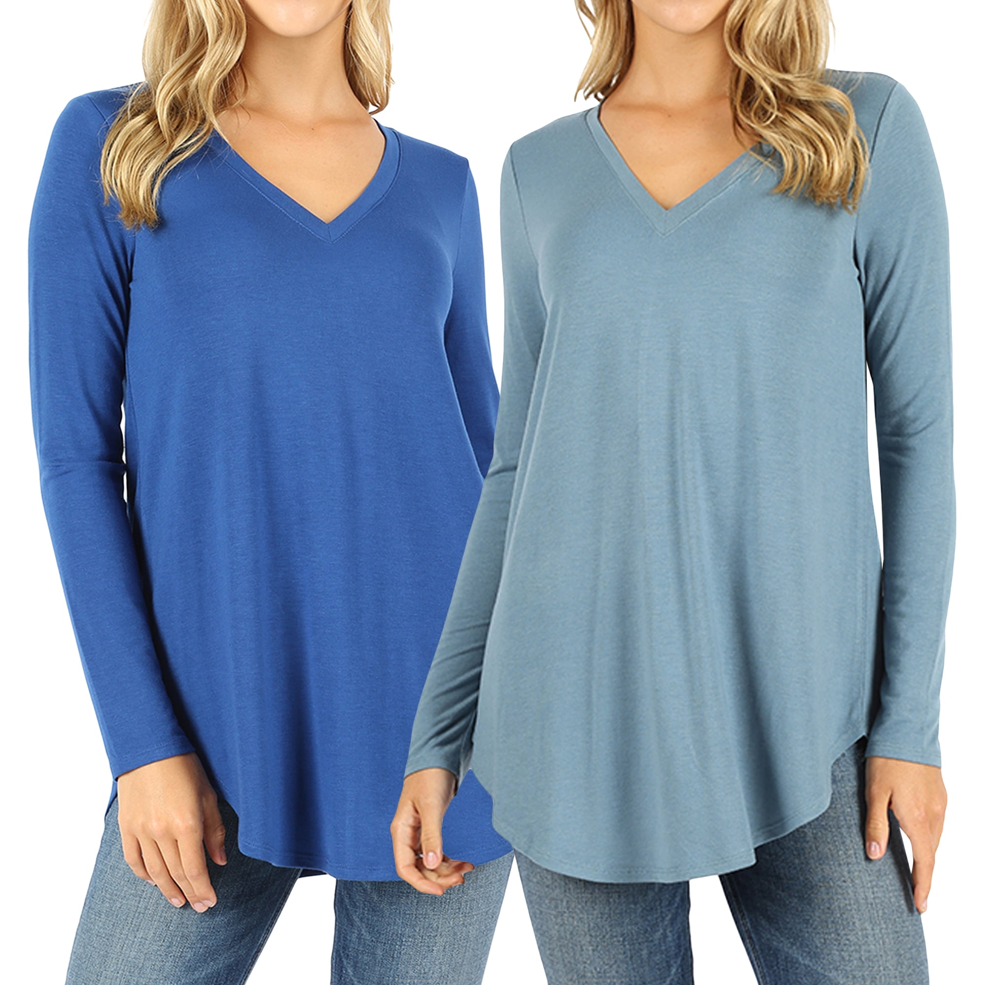 Zenana Women & Plus Relaxed Fit Long Sleeve V-Neck Round Hem Jersey Tee ...