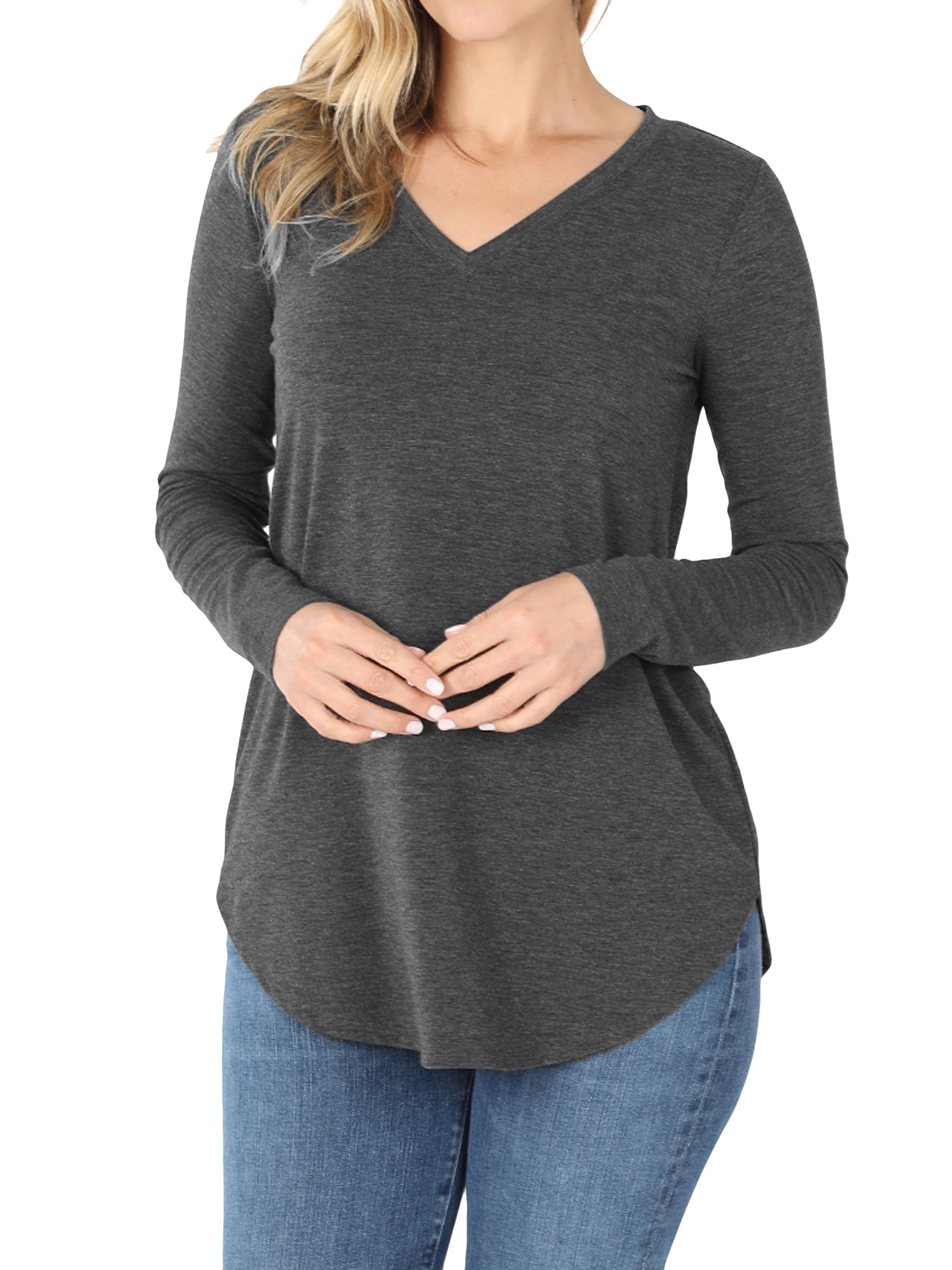 Women & Plus Relaxed Fit Long Sleeve V-Neck Round Hem Jersey Tee Shirt ...