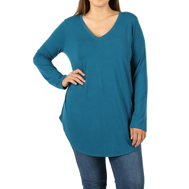 Zenana Women And Plus Relaxed Fit Long Sleeve V Neck Round Hem Jersey Tee