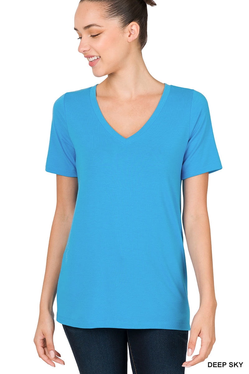 Zenana Women & Plus Relaxed Fit V-Neck Short Sleeve Basic Jersey T ...