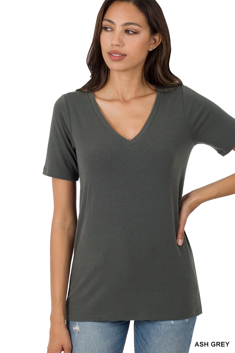 Zenana Women & Plus Relaxed Fit V-Neck Short Sleeve Basic Jersey T ...